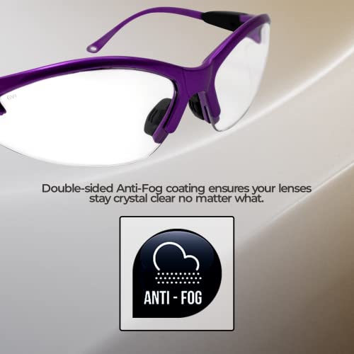 Global Vision Cougar Safety Glasses Nurses Dental Assistant Glasses Shooting Glasses for Women Ladies Men Purple Frame with Clear Lenses