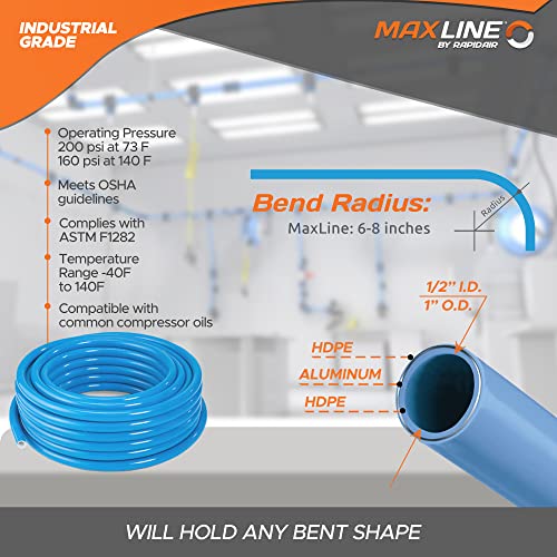 Maxline Pressured Leak-Proof Easy to Install Air Compressor Accessories Kit Piping System | 1/2 inch x 100 feet HDPE-Aluminum | Connects w/ any Air Compressor Hose | 100 PSI | 35 Pieces | M3800.