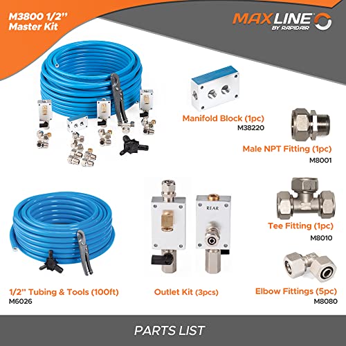 Maxline Pressured Leak-Proof Easy to Install Air Compressor Accessories Kit Piping System | 1/2 inch x 100 feet HDPE-Aluminum | Connects w/ any Air Compressor Hose | 100 PSI | 35 Pieces | M3800.