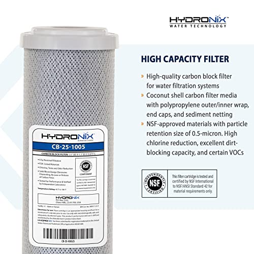 Hydronix CB-25-1005 Whole House RO & Drinking Systems NSF Coconut Carbon Block Water Filter 2.5 x 10-5 Micron