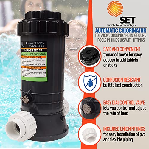 SUNSOLAR Automatic Chlorinator for Above Ground Pools and In-Ground Pools- Free Standing in-Line - Dispenser Holds 9lbs Comes with Fittings