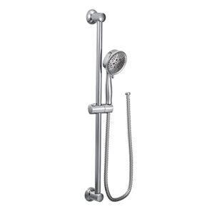 moen eco-performance chrome handheld showerhead with 69-inch-long hose featuring 30-inch wall-mounted slide bar, four-function hand shower offers personalized spray, 3667ep