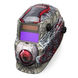 welding helmet, shade 9 to 13, tan/red