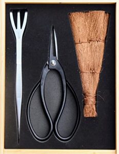 tinyroots tool kit for bonsai - 3 piece set includes: traditional butterfly shaped bonsai shears, genuine japanese hemp broom, three pronged rake & bamboo storage case + bonsai tools