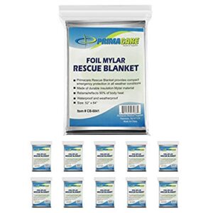 primacare hb-10 emergency foil mylar thermal blanket (pack of 10), 52" length x 84" width, silver