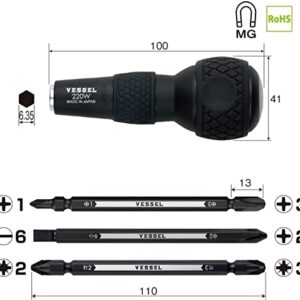 VESSEL BALL GRIP 1/4" Hex. Bit Interchangeable Screwdriver (Bit 3PC. (+1, 3 / +2, -6 / PZ2, PZ3) SET. 220W3J1)