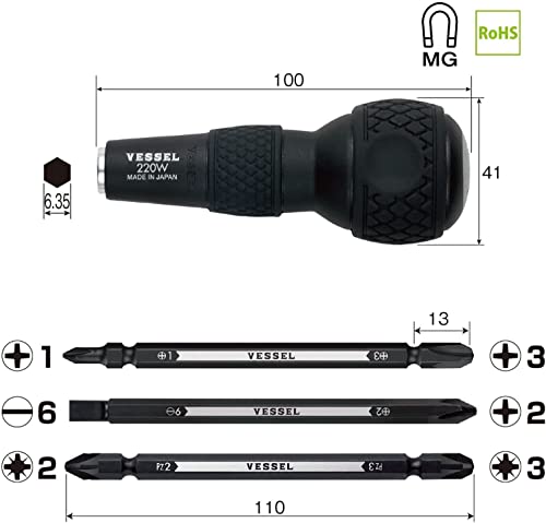 VESSEL BALL GRIP 1/4" Hex. Bit Interchangeable Screwdriver (Bit 3PC. (+1, 3 / +2, -6 / PZ2, PZ3) SET. 220W3J1)