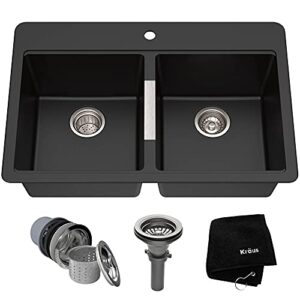 kraus quarza kitchen sink, 33-inch equal bowls, black onyx granite, kgd-433b model