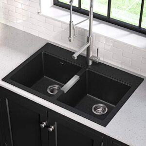 Kraus Quarza Kitchen Sink, 33-Inch Equal Bowls, Black Onyx Granite, KGD-433B model