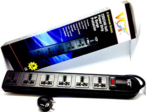 VCT WPSB 220/240 Volt 6-Universal Outlet Power Strip and Surge Protector 13 Amp Circuit Breaker 50/60 Hz 450 Jules with Grounded Euro Plug