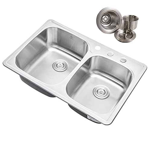 CozyBlock 33 x 22 x 9 Inch 60/40 Offset Top-mount/Drop-in Stainless Steel Double Bowl Kitchen Sink with Strainer - 18 Gauge Stainless Steel-3 Faucet Hole