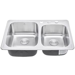 CozyBlock 33 x 22 x 9 Inch 60/40 Offset Top-mount/Drop-in Stainless Steel Double Bowl Kitchen Sink with Strainer - 18 Gauge Stainless Steel-3 Faucet Hole