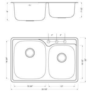 CozyBlock 33 x 22 x 9 Inch 60/40 Offset Top-mount/Drop-in Stainless Steel Double Bowl Kitchen Sink with Strainer - 18 Gauge Stainless Steel-3 Faucet Hole