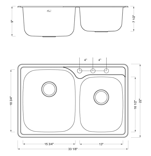 CozyBlock 33 x 22 x 9 Inch 60/40 Offset Top-mount/Drop-in Stainless Steel Double Bowl Kitchen Sink with Strainer - 18 Gauge Stainless Steel-3 Faucet Hole