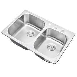 CozyBlock 33 x 22 x 9 Inch 60/40 Offset Top-mount/Drop-in Stainless Steel Double Bowl Kitchen Sink with Strainer - 18 Gauge Stainless Steel-3 Faucet Hole