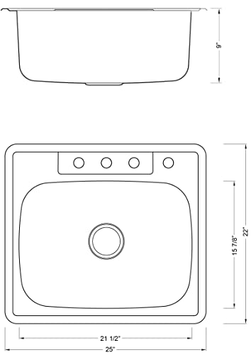 CozyBlock 25 x 22 x 9 Inch Top-mount/Drop-in Stainless Steel Single Bowl Kitchen Sink with Strainer - 18 Gauge Stainless Steel-4 Faucet Hole