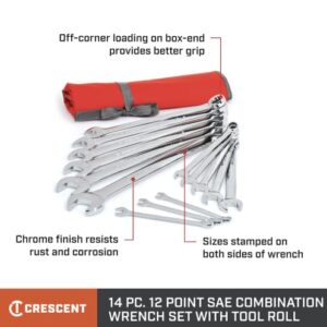 Crescent 14 Piece 12 Point SAE Combination Wrench Set with Tool Roll - CCWS4