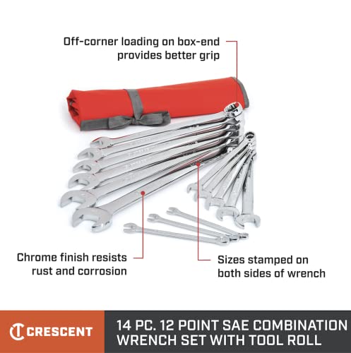 Crescent 14 Piece 12 Point SAE Combination Wrench Set with Tool Roll - CCWS4