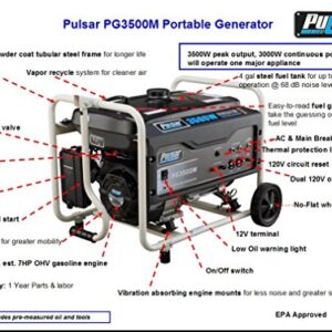 Pulsar 3,500W Portable Gas-Powered Generator with Mobility Kit PG3500M, 3500W, Black & White