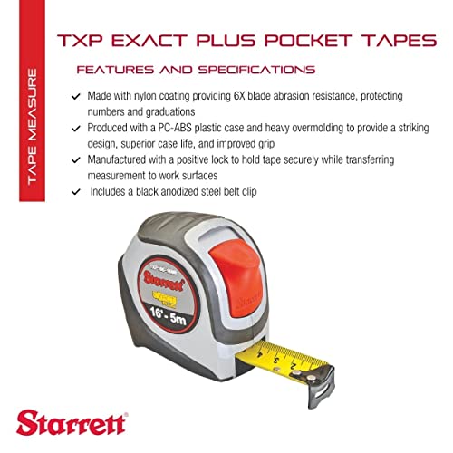 Starrett Exact Plus Retractable Imperial/Metric Pocket Tape Measure with Nylon Coating and Black Anodized Steel Belt Clip - 1.06" Width x 16' Length - KTXP106-16ME-N