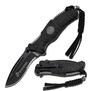 u.s. marines by mtech usa m-a1020bk spring assist folding knife, black half-serrated blade, black handle, 5-inch closed