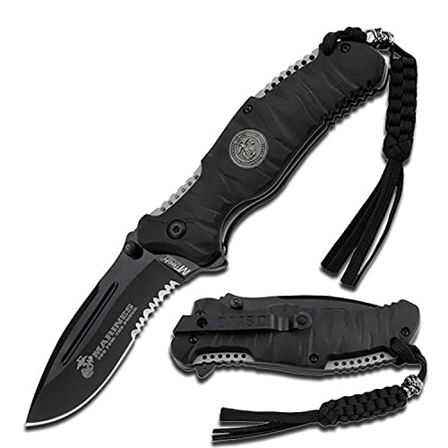 U.S. Marines by MTech USA M-A1020BK Spring Assist Folding Knife, Black Half-Serrated Blade, Black Handle, 5-Inch Closed