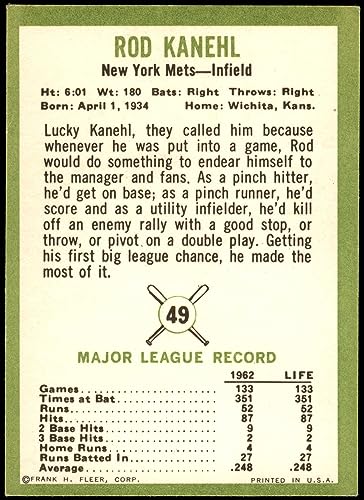 1963 Fleer # 49 Rod Kanehl New York Mets (Baseball Card) Dean's Cards 5 - EX Mets