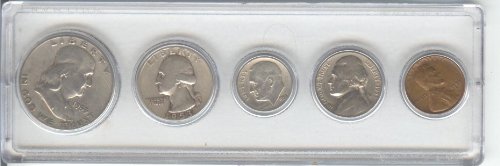 1953 BIRTH YEAR COIN SET-5 COINS TOTAL-SILVER HALF DOLLAR, SILVER QUARTER,SILVER DIME, NICKEL, AND CENT -ALL DATED 1953, AND DISPLAYED IN A PLASTIC HOLDER--NOTE--THESE COINS WILL BE AS GOOD OR BETTER THEN THE PICTURE--NOTHING LESS