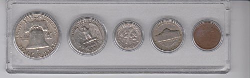 1953 BIRTH YEAR COIN SET-5 COINS TOTAL-SILVER HALF DOLLAR, SILVER QUARTER,SILVER DIME, NICKEL, AND CENT -ALL DATED 1953, AND DISPLAYED IN A PLASTIC HOLDER--NOTE--THESE COINS WILL BE AS GOOD OR BETTER THEN THE PICTURE--NOTHING LESS