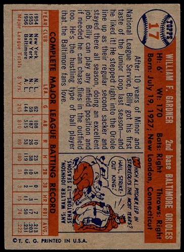 1957 Topps # 17 Billy Gardner Baltimore Orioles (Baseball Card) EX Orioles