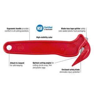 Pacific Handy Cutter DFC364 NSF Certified Food Safe Cutter with Bladeless Tape Splitter, Safe and Efficient Cutting for Cryovac, Plastic Bags, Shrink Wrap, and More, Red