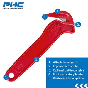 Pacific Handy Cutter DFC364 NSF Certified Food Safe Cutter with Bladeless Tape Splitter, Safe and Efficient Cutting for Cryovac, Plastic Bags, Shrink Wrap, and More, Red