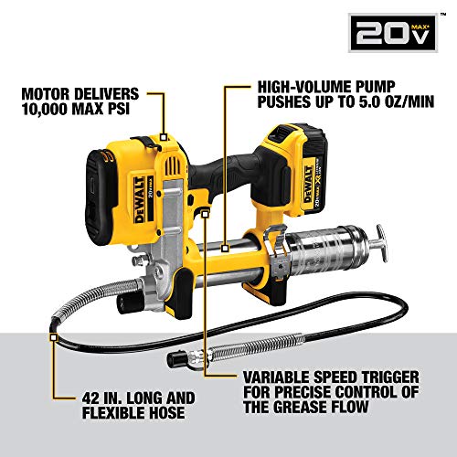 DEWALT 20V MAX Grease Gun Kit, Cordless, 42” Long Hose, 10,000 PSI, Variable Speed Triggers, Battery and Charger Included (DCGG571M1)