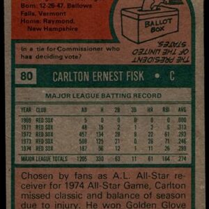 1975 Topps # 80 Carlton Fisk Boston Red Sox (Baseball Card) Dean's Cards 5 - EX Red Sox