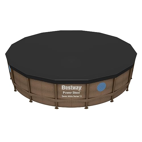 Bestway Round PVC 16 Foot Pool Cover for Above Ground Pro Frame Pools with Drain Holes and Secure Tie-Down Ropes, Black (Cover Only)