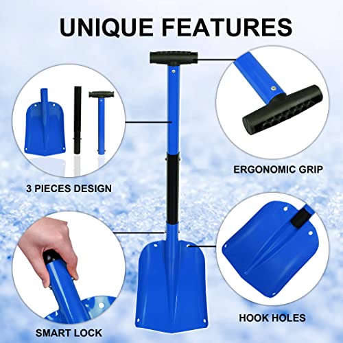 CARTMAN 32.5 Inch Aluminium Sport Shovel, Utility Scalable Camping Shovel, Garden Shovel, Lightweight Snow Shovel for Car Emergency, 3 Piece Collapsible Design, Blue