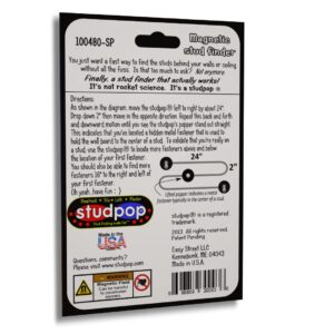 StudPoP"Original" Magnetic Stud Finder.Finds metal fasteners holding the wall board to the studs.Unique 1" diam moving magnet gives both an audible click and a visual movement when fastener is found