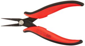 hakko chp pn-2005 long-nose pliers, pointed nose, flat outside edge, serrated jaws, 32mm jaw length, 1.2mm nose width, 3mm thick steel, red