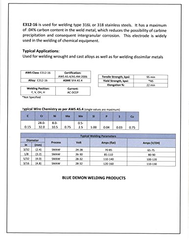 Blue Demon E312-16 X 1/8" X 12" X 5LB Tube Stainless Steel Arc Welding Electrode (Model: E312-125-05)