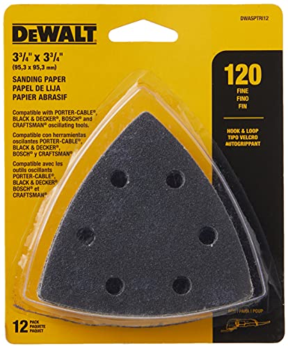 DEWALT DWASPTRI12 Hook and Loop Triangle 120 Grit Sandpaper, 12-Pack , Black