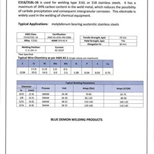 Blue Demon E316L-16 X 1/8"" X 12"" X 1LB Tube Stainless Steel Arc Welding Electrode" (E316L-125-01)