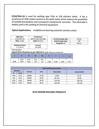 Blue Demon E316L-16 X 1/8"" X 12"" X 1LB Tube Stainless Steel Arc Welding Electrode" (E316L-125-01)