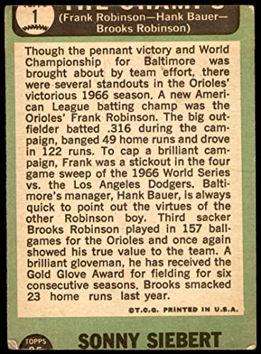 1967 Topps # 1 The Champs Frank Robinson/Brooks Robinson/Hank Bauer Baltimore Orioles (Baseball Card) FAIR Orioles