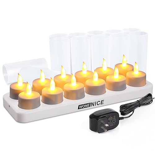 WoneNice Rechargeable Tea Lights Flickering Flameless Candles with Charging Base and AC Adapter, Romantic Deco for Home Parties, Restaurants, Weddings, Christmas