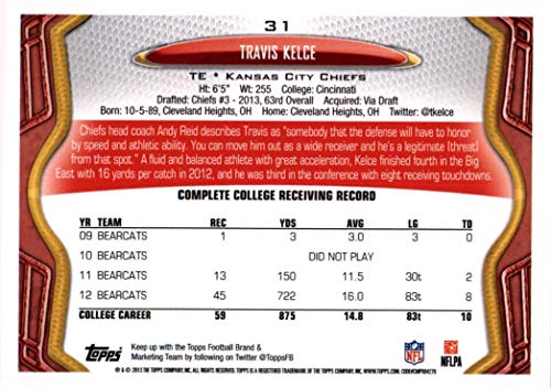 Kansas City Chiefs 2013 Topps Complete Regular Issue 12 Card Team Set Featuring Travis Kelce Mint Rookie Card #31