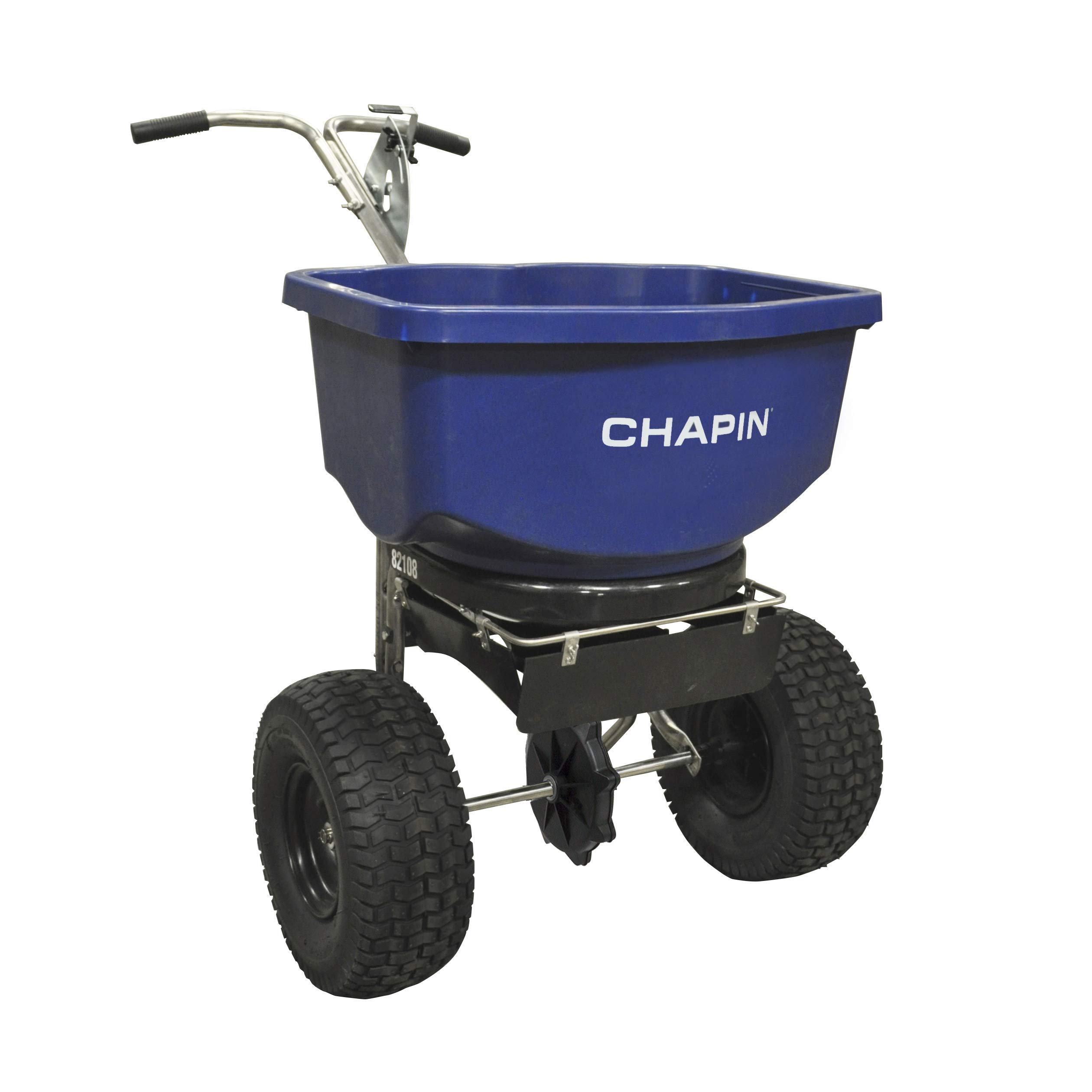 Chapin International 82108B Made in the USA 100-pound Professional and Residential Salt and Ice Melt Broadcast Walk Behind Spreader, Front and Side Baffles, 14" Tires, Stainless Steel Frame, Blue