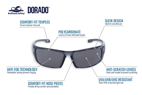 Bullhead Safety Eyewear Dorado Anti Fog Safety Glasses with Dual Lenses, ANSI Z87+, Anti-Scratch Coating and UV Light Protection, Dark Smoke Lenses, Crystal Black Frame