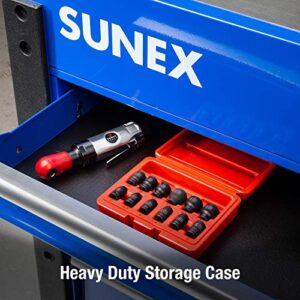 Sunex 1822, 1/4 Inch Drive Magnetic Impact Socket Set, 12-Piece, Metric, 5mm-15mm, Cr-Mo Alloy Steel, Radius Corner Design, Dual Size Markings, Heavy Duty Storage Case