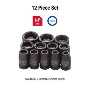 Sunex 1822, 1/4 Inch Drive Magnetic Impact Socket Set, 12-Piece, Metric, 5mm-15mm, Cr-Mo Alloy Steel, Radius Corner Design, Dual Size Markings, Heavy Duty Storage Case