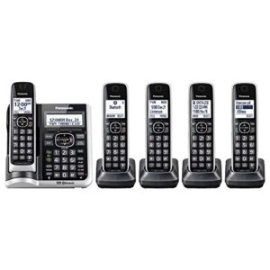 panasonic link2cell bluetooth cordless phone system with hd audio, voice assistant, smart call block and answering machine, expandable cordless system - 5 handsets - kx-tgf675s (black/silver trim)